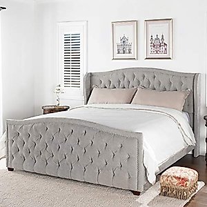 Jennifer Taylor Home Anastasia Upholstered Shelter Headboard Bed Set, King, Silver Grey Polyester