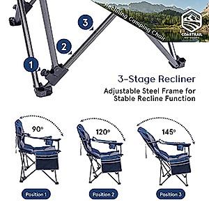 Coastrail Outdoor Reclining Camping Chair 3 Position Folding Lawn Chair for Adults Padded Comfort Camp Chair with Cup Holders, Head Bag and Side Pockets, Supports 350lbs, Blue&Grey