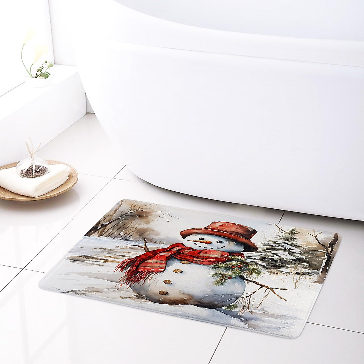 LB Winter Christmas Bath Mat Cute Snowman with Red Hat in Forest Area Rug for Bathroom Snow Scene Doormat Non Slip Memory Foam Super Absorbent Floor Mats,24Wx16H Inch