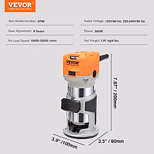VEVOR Wood Router, 1.25HP 800W, Compact Wood Trimmer Router Tool, 30000RPM Max Speed 6 Variable Speeds, with 1/4'' & 5/16'' Collets 12 PCs Milling Cutters Dust Hood, for Woodworking Slotting Trimming
