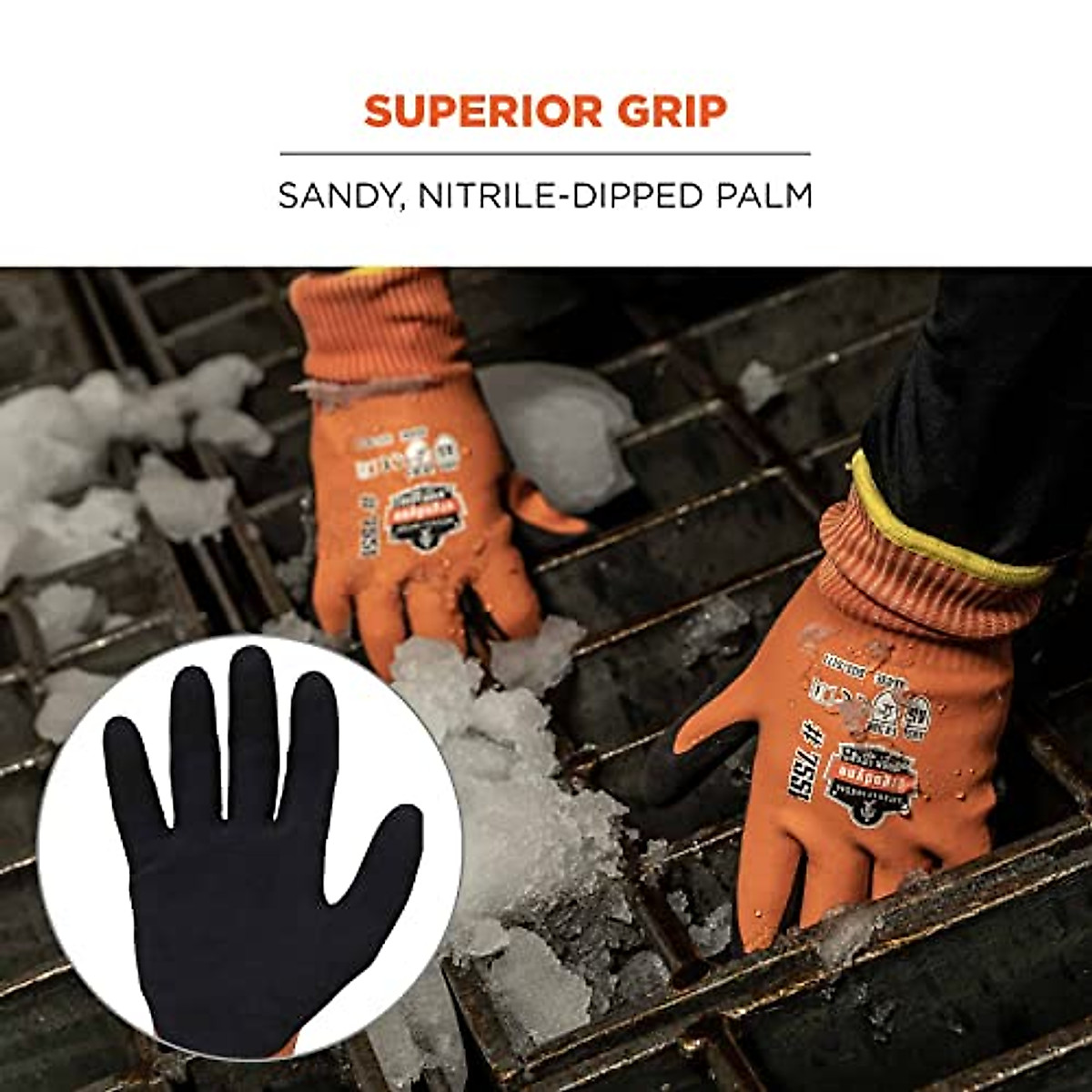 Ergodyne ProFlex 7551 Waterproof Winter Work Gloves, Cut Resistant ANSI A5, Sandy Nitrile Coated Palms, Thermal Fleece Lining Orange