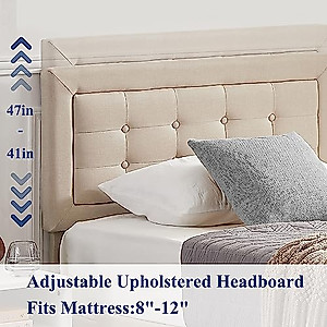 VECELO Twin Size Upholstered Bed Frame with Height Adjustable Fabric Headboard, Heavy-Duty Platform Bedframe/Mattress Foundation/Strong Wood Slat Support/No Box Spring Needed, Beige