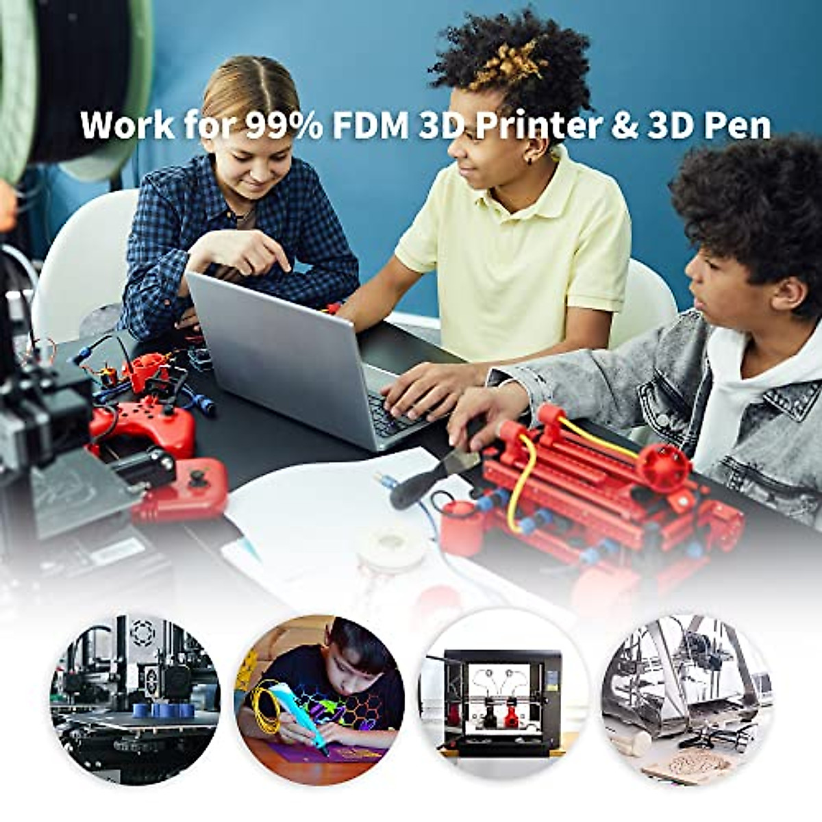 4 Pack PLA 3D Printer Filament, 4 Color PLA 3D Printer Filament 1.75mm in Total 1kg, Dimensional Accuracy +/- 0.02 Mm for 3D Printing(White, Red, Black, Blue)