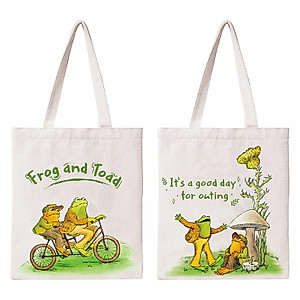 THEYGE Funny Frog Tote Bag Cute Frog and Toad Canvas Bag for Women Gift Cotton Canvas Tote Bag with Pocket Reusable Grocery Bag Beach Shopping Shoulder Bag