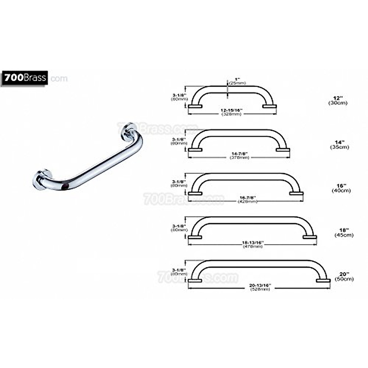 700Brass 14-Inch Grab Bar for Hotel/Motel/Home Shower Safety, Solid Brass, Polished Chrome, Heavy-Duty Construction Armrest, Bathroom Bathtub Handrail