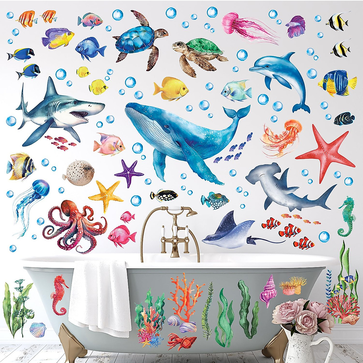 DECOWALL DS12-8078 Sea Animals Wall Stickers Decals Baby Boys Bedroom Fish décor Living Kids Nursery Ocean playroom Removable Room Seaweed Under Watercolor