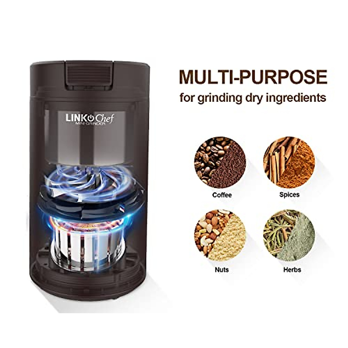 Coffee Grinder with Brush, LINKChef 200W Spice Grinder with Stainless Steel Blade for Seed Bean Nut Herb Pepper & Grain, Lid Activated Safety Switch, Brown, CG-8420