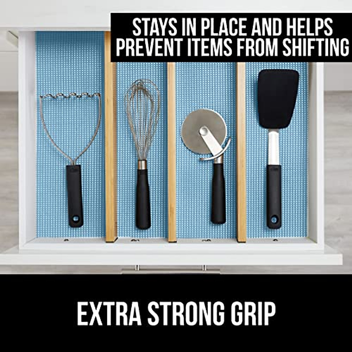 Gorilla Grip Drawer and Shelf Liner and Nonslip Bed Sheet Straps 4 Pack, Shelf Liner Size 17.5 in x 10 FT Aqua, Non Adhesive, Sheet Straps in White, Easy Install, 2 Item Bundle