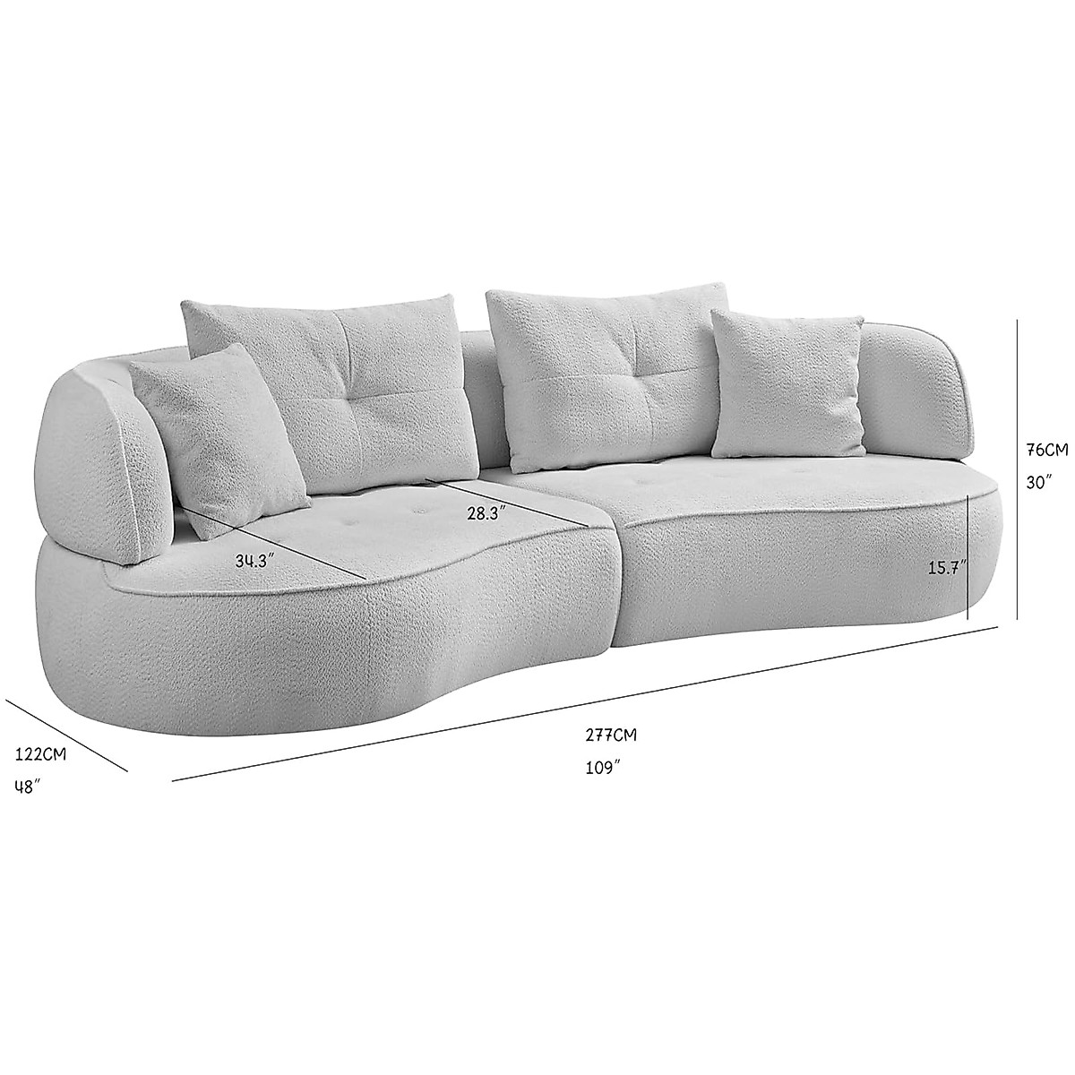 M MEETAKING 109'' Modern Curved Sofa Couch,Upholstery Boucle Sofa Couch with Pillows, Sectional Sofa Couch for Living Room, Bedroom, Dining Room, Den, Office, Guestroom (White)