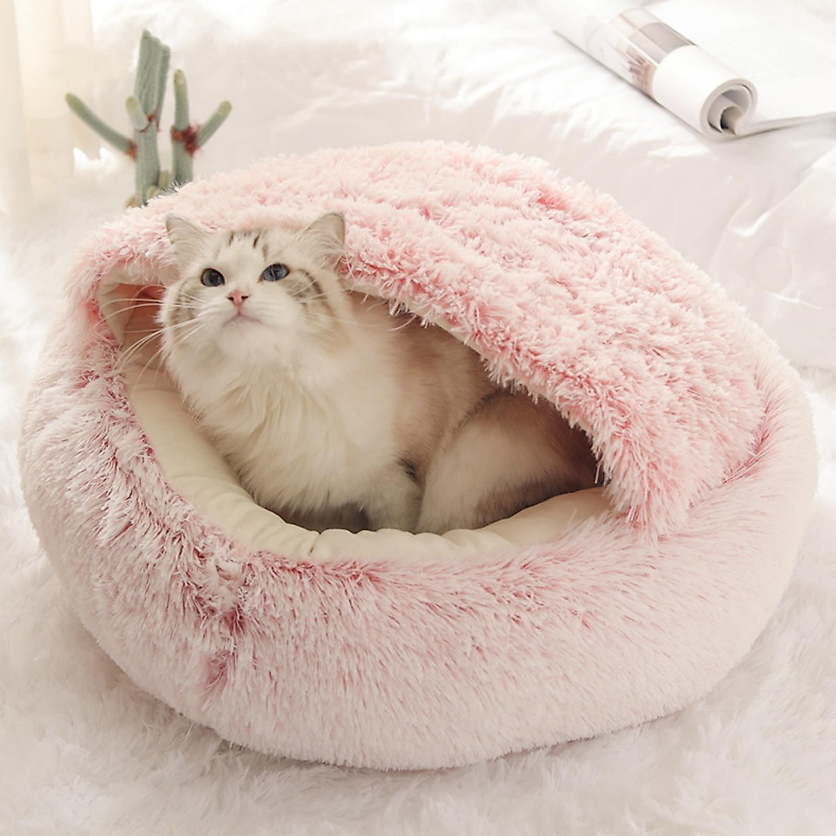 Calming Cat Cave Bed with Hooded Cover, Short-Haired Plush Washable Bed with Non-Slip Bottom, Comfortable and Cozy Round Bed for Small and Medium Cats, Anti-Anxiety Pet Bed(40cm/15.7inches, Green)