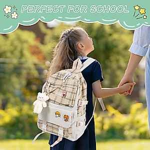 5Pcs Canvas School Backpack Combo Set with Kawaii Bear Pendant Cute Pins Plaid Check Handle Shoulder Tote Bag Schoolbag (Green)