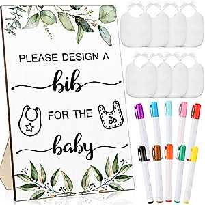 26 Pcs Baby Bibs and Game Set Baby Shower Game Sign 15 White Feeder Bibs 10 Fabric Markers for Gender Reveal (Green Leaves)