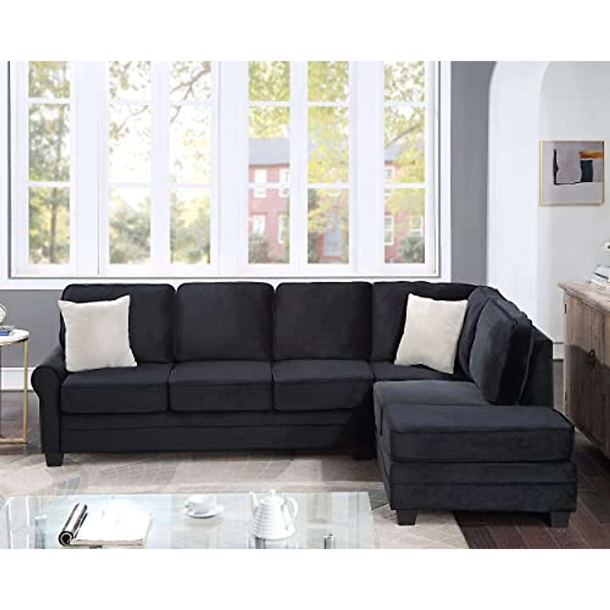 OMNIOF Modern Velvety Upholstered Sofa Couch with Scrolled Arm for Surviving Room Space, Reversible Sectioned Sofa (Color : Preto)