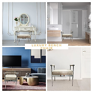 First of a Kind Modern champagne Seating Bench with arms, Modern Style Velvet upholstered Entry Way champagne Bench with Silver Frame, Seating Bench for Living Room, entryway, Bedroom, Vanity, Office.