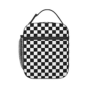 Golosila Black White Racing and Checkered Pattern Totes Lunch Bag Portable Insulated Lunch Box Back to School Picnic Office Travel
