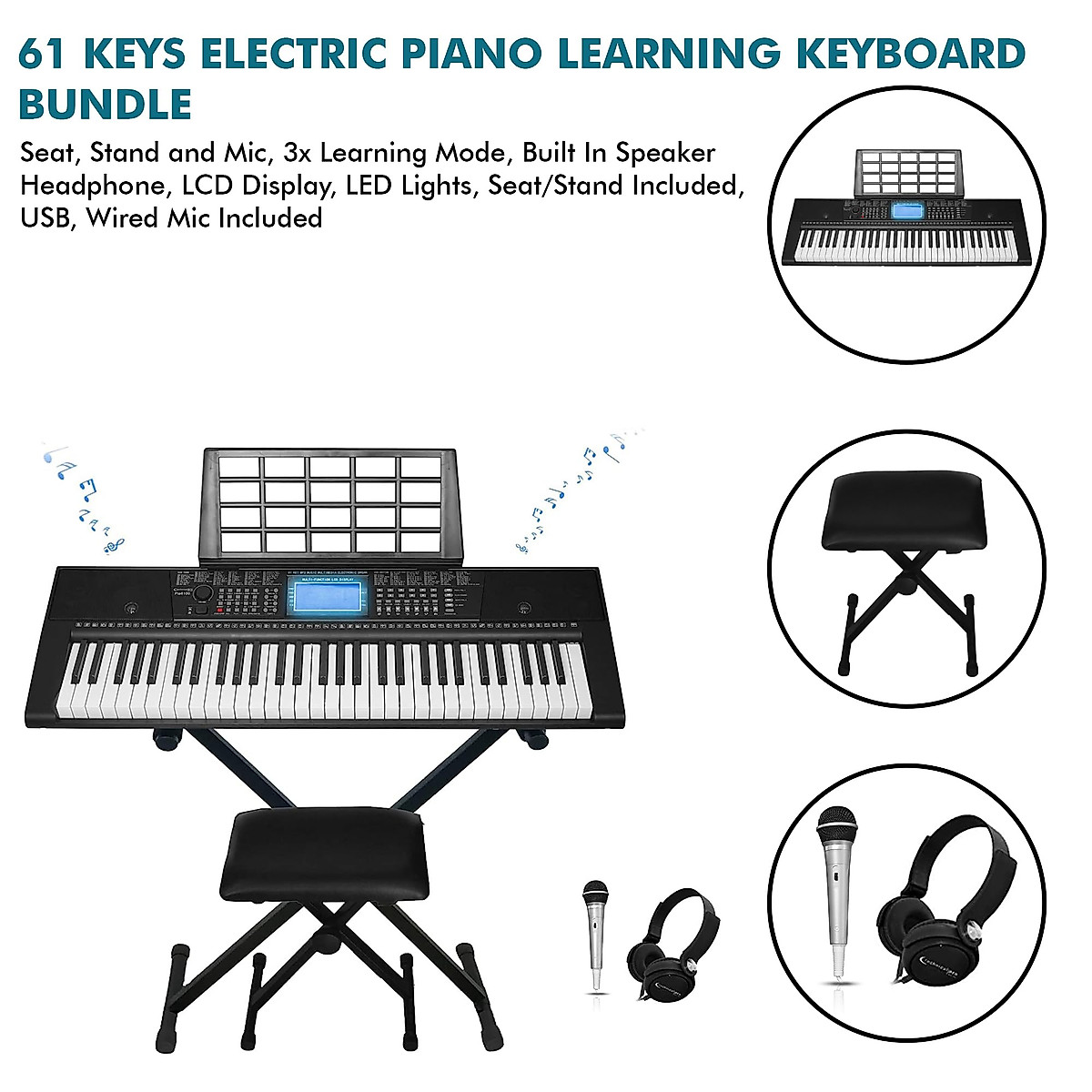Technical Pro 61 Keys Electric Piano Learning Keyboard Bundle with Seat, Stand and Mic, 3x Learning Mode, Built In Speaker Headphone, LCD Display, LED Lights, Seat/Stand Included, USB, Wired Mic