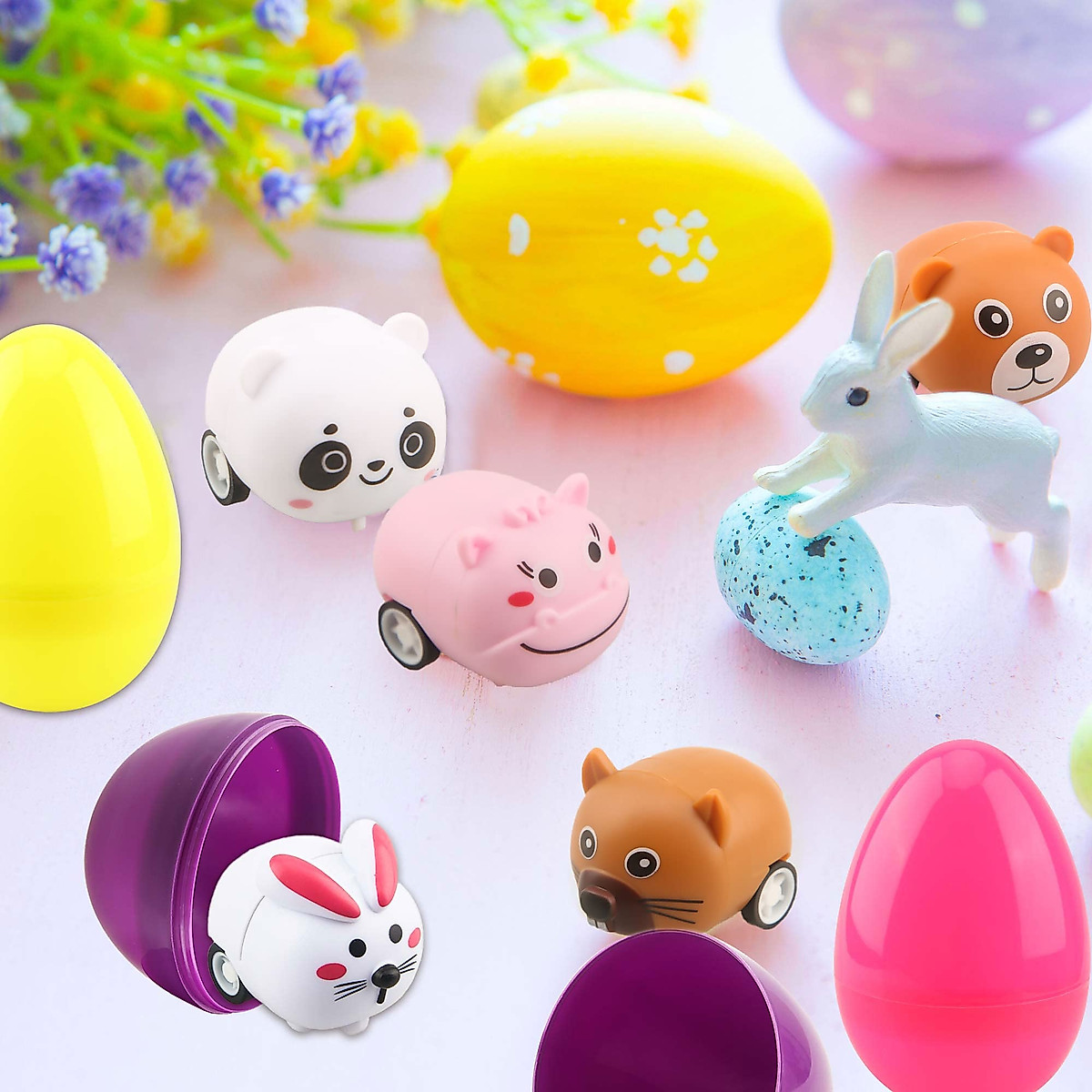 Haconba 24 Pack Easter Eggs Prefilled Stuffed with 24 Pack Mini Easter Rabbit Animal PullBack Toy Cars Inside for Easter Gifts Easter Theme Party Eggs Hunt Game Chest Toys