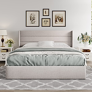Allewie King Size Lift Up Storage Bed, Modern Wingback Headboard, No Box Spring Needed, Hydraulic Storage, Light Beige