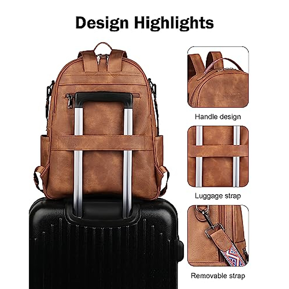 FADEON Leather Laptop Backpack for Women PU Computer Backpacks, Designer Travel Back Pack Purse with Laptop Compartment Brown