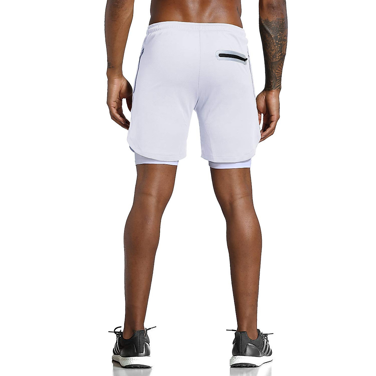 Leidowei Men Quick-Drying Breathable Mesh Running Shorts, Training Double-Layer Fitness Short Pants White S