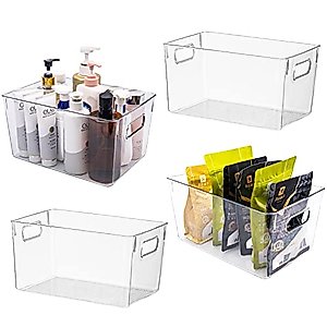 Clear Plastic Storage Bins Pantry Organizer Bins for Kitchen Refrigerator Fridge Cabinet Freezer Bathrooms Acrylic Organizers Storage Bins, Clear Bins with Cutout Handles(4 Pack)