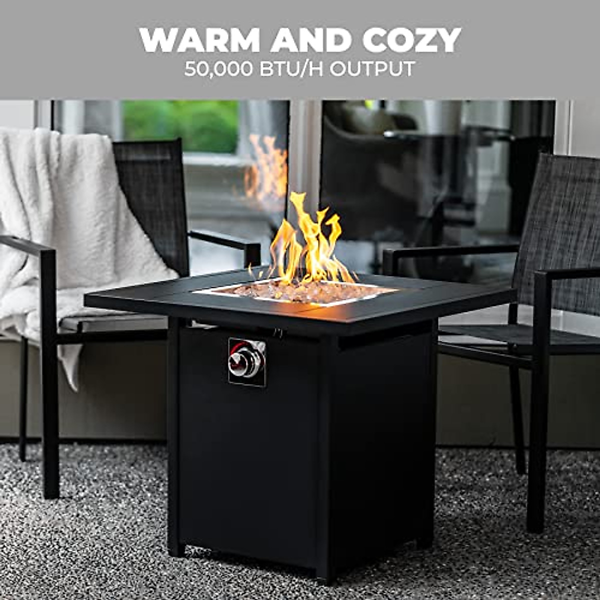 Outland Living Main Street 430 Model Square Fire Pit Table for Outside Patio – 28" Compact Outdoor Propane Gas Fire Table, Black – with Glass Rocks Set, Pre-attached 1m Hose and Regulator