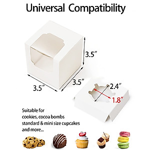 Happyhiram Cupcake Boxes 50 Pcs White Individual Cupcake Box, Single Cupcake Containers Cardboard Holders with Inserts and Window for Muffins Cocoa Bombs Packaging Togo Boxes for Birthdays Showers Party Favors Packing