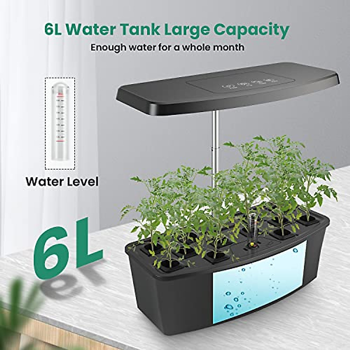 Hydroponic Growing System, Indoor Herb Garden, Smart Garden with LED Grow Light, 6L Water Tank Germination Kit, 18.5'' Height Adjustable, Black