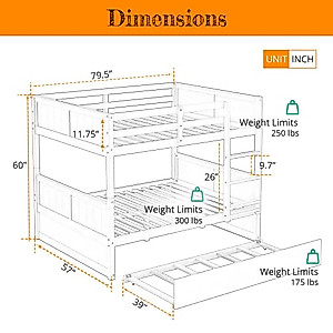 AOCOROE Full Over Full Bunk Beds with Trundle, 3 Beds Full Bunk Bed for Kids,Sturdy Wood Stackable Full Over Bunk Bed Frame for Kids Room,White