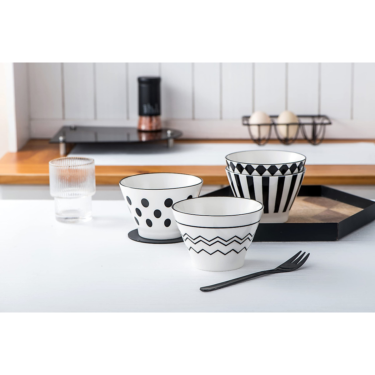 SYJAN HOME Black & White Bowls set of 4,Ceramic Soup Bowls for Kitchen,14 OZ Small Bowls for Dessert | Ice Cream | Salad | Fruits | Snacks | Rice | Cereal,Serving Dishes - 4.9 Inch