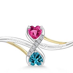 925 Sterling Silver and 10K Yellow Gold Customized and Personalized Name Engraved 2-Stone Heart Shape Gemstone Birthstone and Lab Grown Diamond Mothers Pendant Necklace For Women with 18 Inch Chain