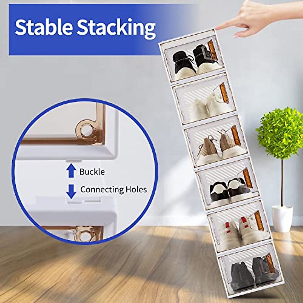 Closacessy 6 Pack Shoe Box Clear Platic Stackable Shoe Storage Containers, Drop Front Sneaker Storage Space Saving Shoe Organizer Box, Fit Up to Size 14 White