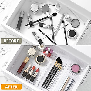 JIUYOTREE 15 PCS Clear Plastic Drawer Organizers Set 4 Size Cosmetic Clutter Organizer Storage Trays Bins for Makeup Gadgets Utensils Jewelry Office Accessories and Bathroom Supplies