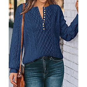 KIRUNDO Womens Sweaters 2024 Fall Winter Henley Long Sleeve Button Crew Neck Cable Knit Loose Cropped Sweater Pullover(Blue, Medium)