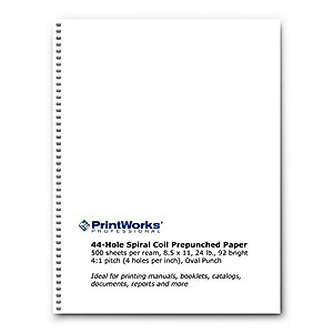 PrintWorks Professional Prepunched Paper, 8.5 x 11, 24 lb, 44-Hole Spiral Coil (4:1 Pitch) Binding Paper, 500 Sheets, White (04147)