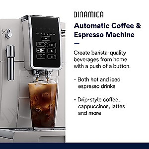 Dinamica Espresso Machine, White - Automatic Bean-to-Cup Brewing, Built-In Steel Burr Grinder & Manual Frother - One-Touch Hot & Iced Coffee - Easy Cleanup