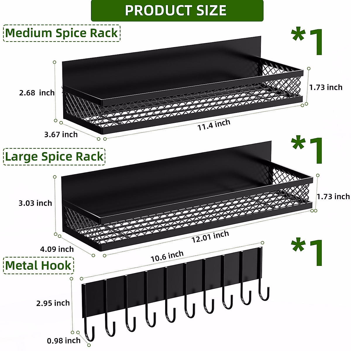 Umomi Magnetic Spice Rack for Refrigerator, 3 Pack Magnetic Shelf for Refrigerator, Moveable Fridge Magnetic Spice Racks with 10-Hook Rack for Kitchen Organizers and Storage