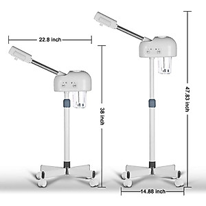 Professional Ozone Facial Steamer with Hot Mist Function, Stand Facial Steamer On Wheels, Height Adjustable & 360° Rotatable Nozzle, Use at Home & Salon SPA