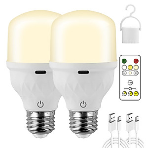 USB C Rechargeable Light Bulbs with Remote, 5W LED Dimmable Battery Powered Light Bulb, Touch Control E26 Portable Emergency Light Bulbs with Timer, for Home Power Outages, Non Hardwired, 2 Pack