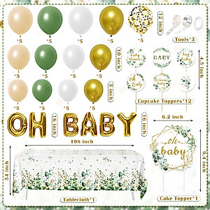 Sage Green Baby Shower Decoration for Girl Boy 99Pcs, Boho Greency Neutral Party Supplies with Oh Baby Backdrop Tablecloth Balloon Garland Kit for Woodland Safari Gender Reveal Party Decor