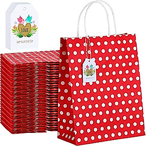 Zonon 25 Pieces Kraft Paper Bags with Tags Red Kraft Paper Bags with Handles, Red Polka Dot Paper Bags with Handles Valentines Favor Bags, Paper Present Bags for Valentines Day Party Supplies