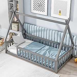 DreamBuck Twin Size Toddler Floor Bed, Montessori Floor Bed with Fence and Safety Guardrails, Solid Pine Tent-Shaped Floor Bed Frame for Kids Toddlers Girls Boys, Wood Slat Support, Grey