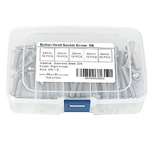 50 PCS Button Head Socket Cap Screws, M6 x 20mm, 25mm, 30mm, 35mm, 40mm, 304 Stainless Steel 18-8, Bright Finish, Fully Threaded