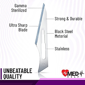 MedHelp Pack of 100 Disposable Surgical Blades 11, Size 11 Medical Scalpel Blades for Surgical Scalpel Knife, High Carbon Steel Dermablade Blades. Individually Wrapped 11 Blade