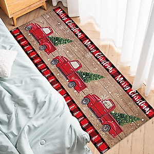 Libaoge Merry Christmas Kitchen Rugs and Mats Set of 1 Red Truck Pull Xmas Tree on Rustic Wood Grain Kitchen Sink Mat,Non-Slip Area Runner Rug,Washable Floor Mat for Home Dining Room Office 15"x47"