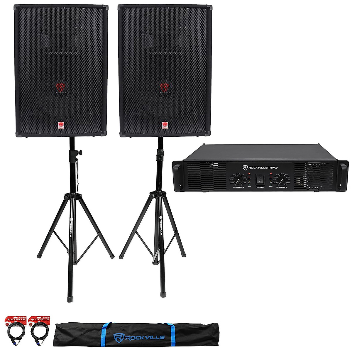 (2) Rockville RSG15.4 15" PA Speakers + Rockville RPA9 Amp + Stands+Cables+Case