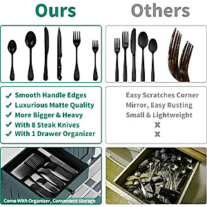 Black Silverware Set with Steak Knives, Flatware Set Organizer Drawer Tray Kitchen Utensils Tableware Service Matte Cutlery Stainless Steel Knife Fork Spoons for 5 Mirror Polished Dishware Safe
