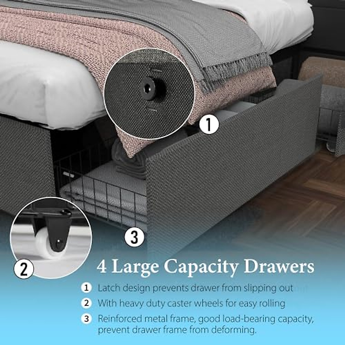 ClouDDwell Queen Bed Frame with RGBW LED Lights, Upholstered Headboard & 4 Storage Drawers, Thickened Hardwood Slats, Dark Grey