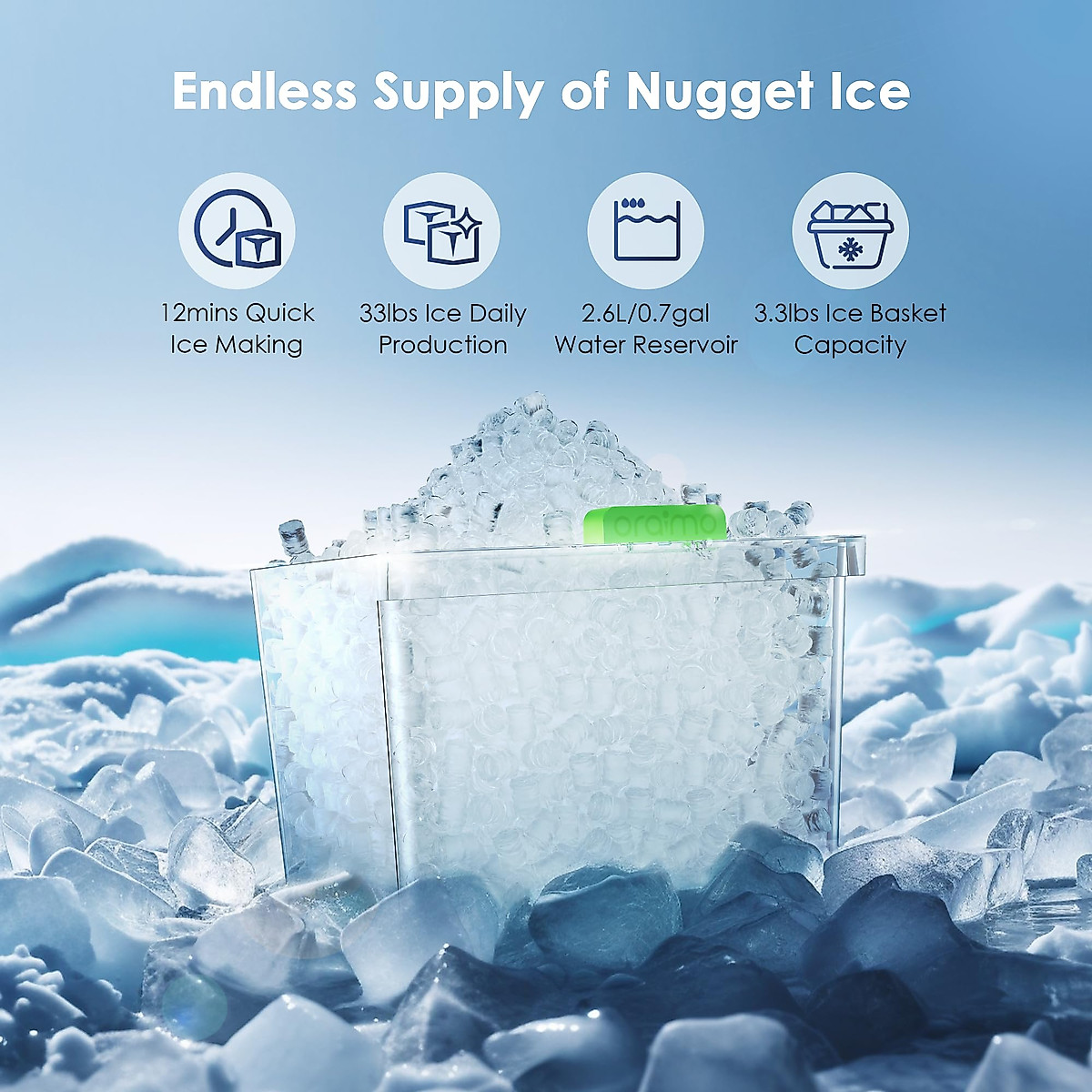 Oraimo 33 lbs/Day Countertop Nugget Ice Maker with LED Display, Self-Cleaning, and Auto Water Refill