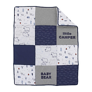 Explore Baby Bear 4 Piece Navy, Grey, Light Blue, Orange Nursery Crib Bedding Set - Comforter, 100% Cotton Crib Sheet, Dust Ruffle, Changing Pad Cover